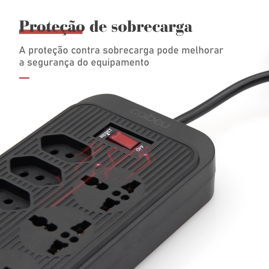 COIBEU Extensão Filtro de Linha 2m 10A Com 5 tomadas de energia 2 tomadas universal 2 USB 1 Tipo ...