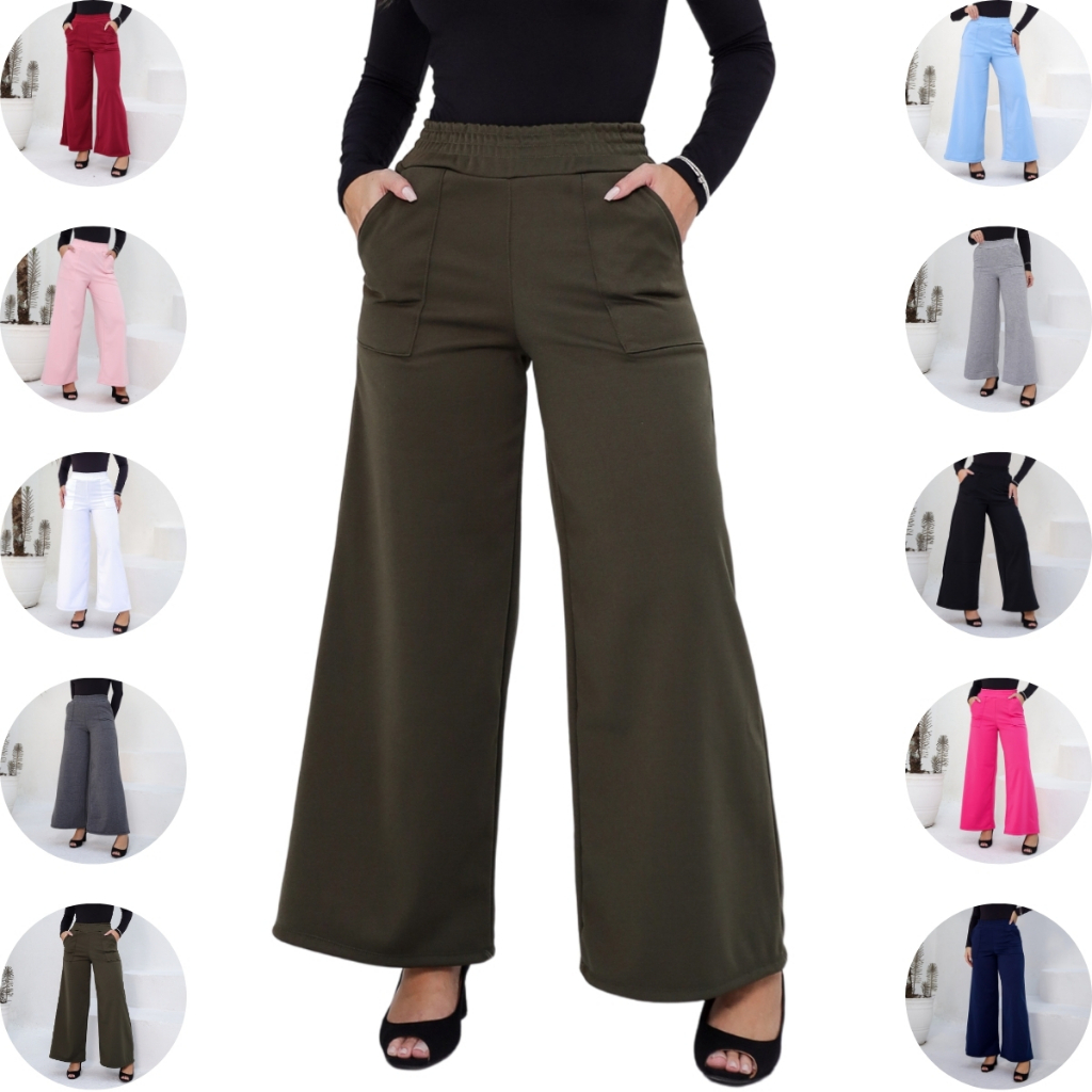 Calça Moletom Feminina Wide Leg Cintura Alta Calca Pantalona Moletinho ...
