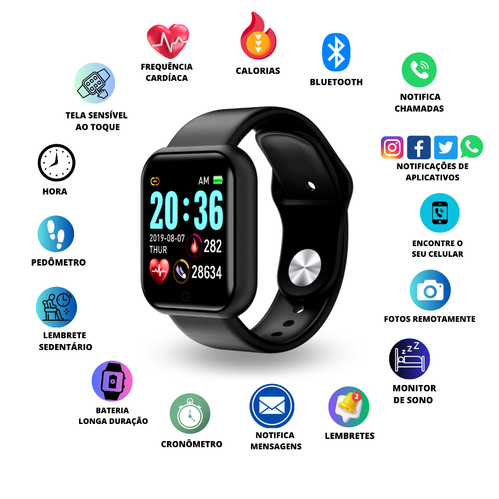 Smartwatch D20-Relógio Inteligente Y68 Esportivo Bluetooth Android/iOS ...