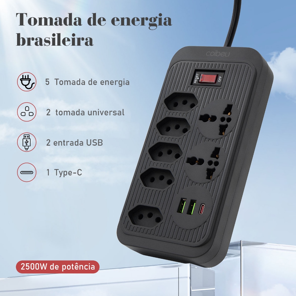COIBEU Extensão 5 Tomadas 2 USB 1 Type-C E Tomada Universal 2 Universal Bivolt Power 110v/220v ...