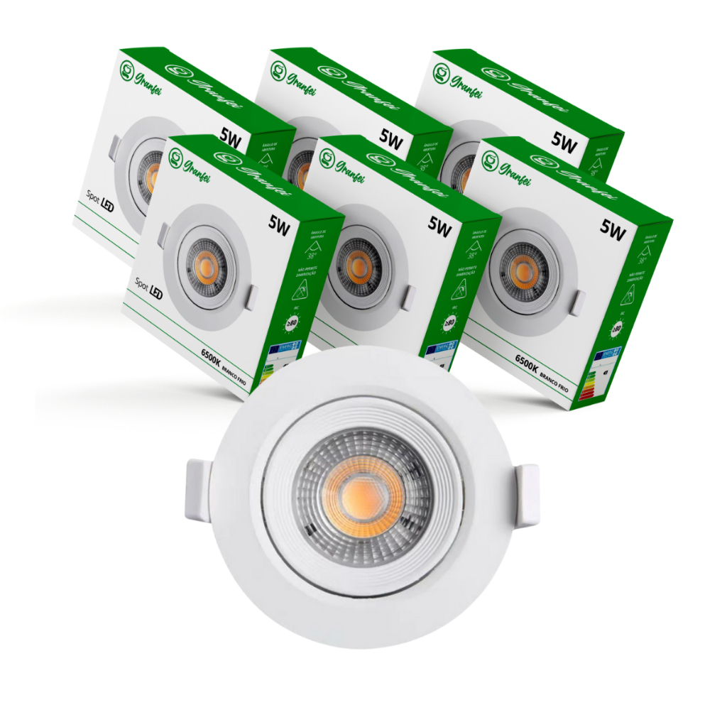 Kit 5 Luminária Led Spot 5W Redondo Quadrado Embutido Branco Frio ...