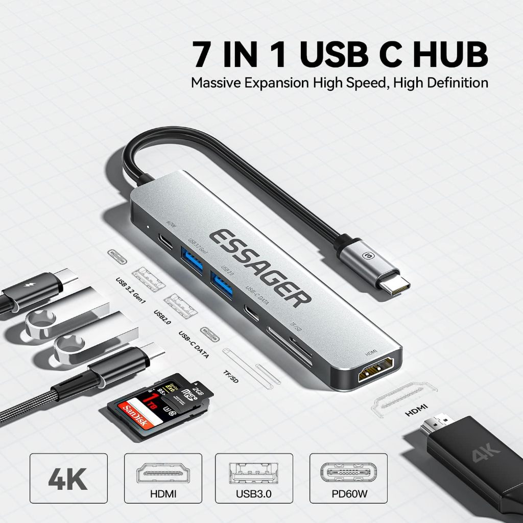 Adaptador Essager 7 Em 1 Hub Usb C Hdmi 4k | Shopee Brasil