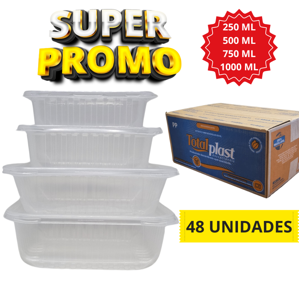 Pote Marmita Retangular Com Tampa 250 ML / 500 ML / 750 ML / 1000 ML Embalagem Marmitinha Fit ...