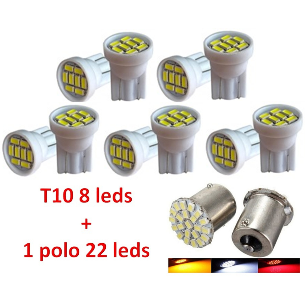 Kit 10 Lampadas T10 8 Led + 2 lâmpadas 1 polo 22 leds T10 8 leds 3014 Branco 12v Meia Luz Teto ...