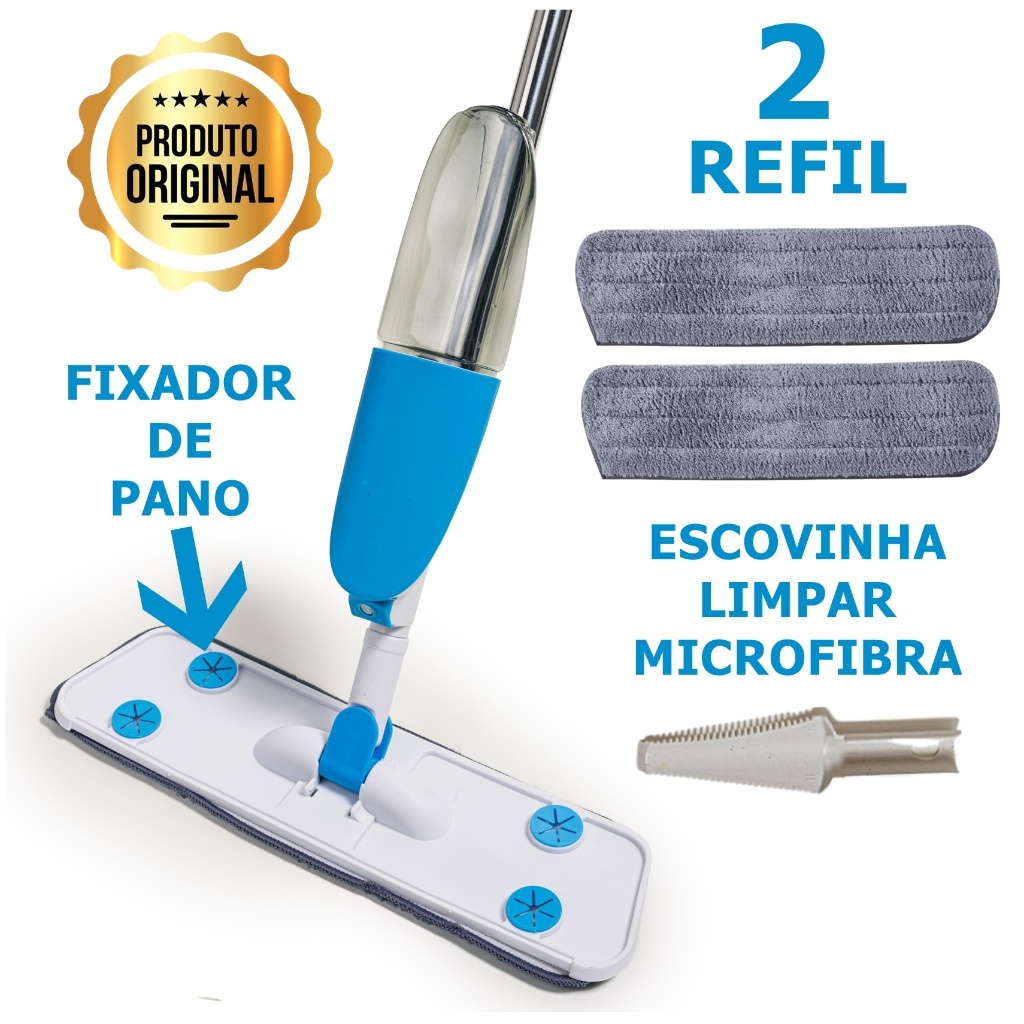 Mop Spray Rodo Inteligente Cabo Inox com 2 Refil e Escovinha Limpadora ...