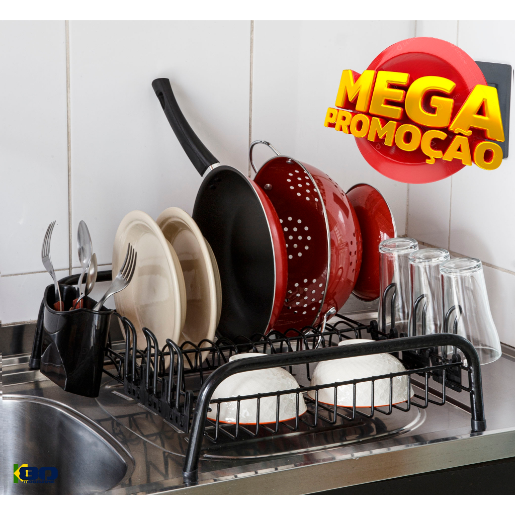 Escorredor de Louça Grande 12 Pratos C/Porta talheres e Porta Copos Aço ...