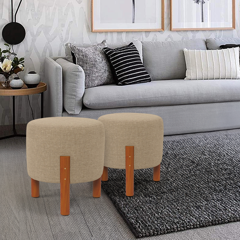 Kit 2 Puff Banquinho Decorativo Linho Luxo Pés Maciça - Várias Cores ...