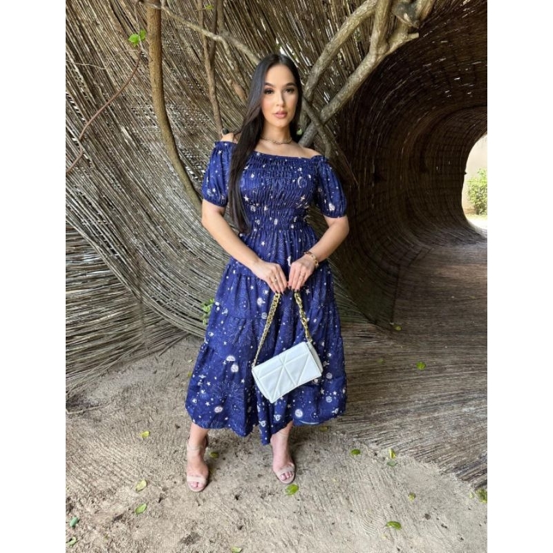 Vestido Midi 4 Marias Lastex Moda Evangelica Estampado Manga Bufante
