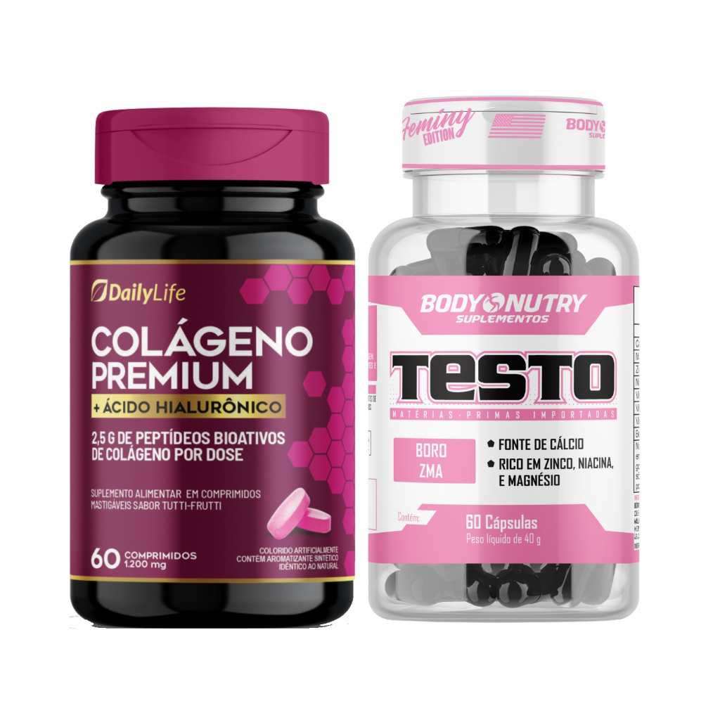 Kit Testo Feminy 60 Cáps + Colágeno Premium c/ Ácido Hialurônico, 60 ...