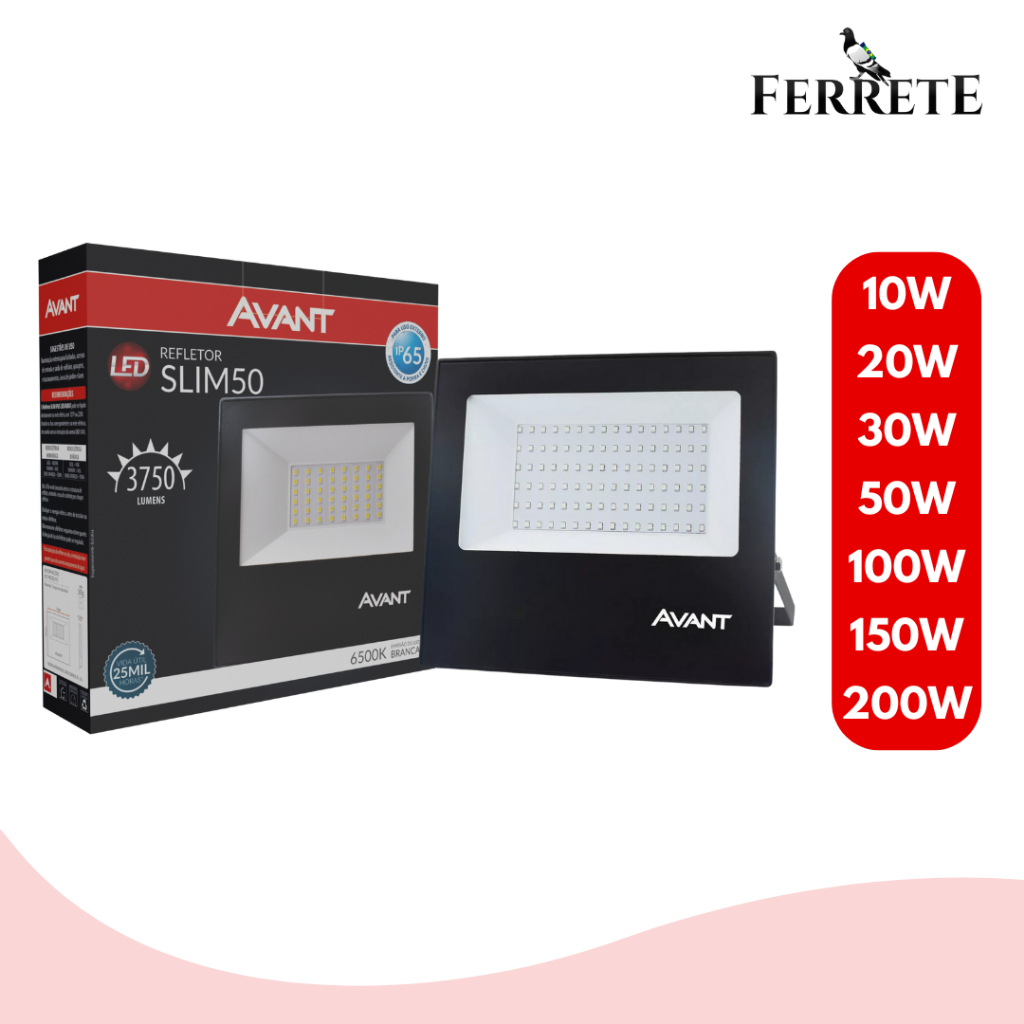 REFLETOR DE LED SLIM IP65 AVANT BRANCO FRIO 6500k BIVOLT PROVA D'ÁGUA (10w, 20w, 30w, 50w e 100w ...