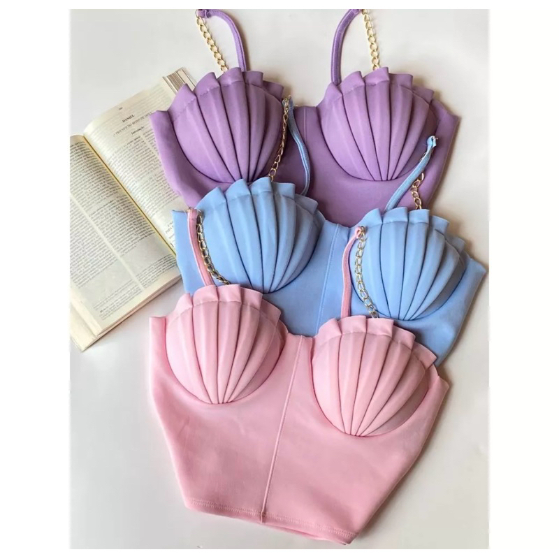 Cropped Concha Com Bojo Alcinha Malha Blusa Top Verão Tendência Liso ...