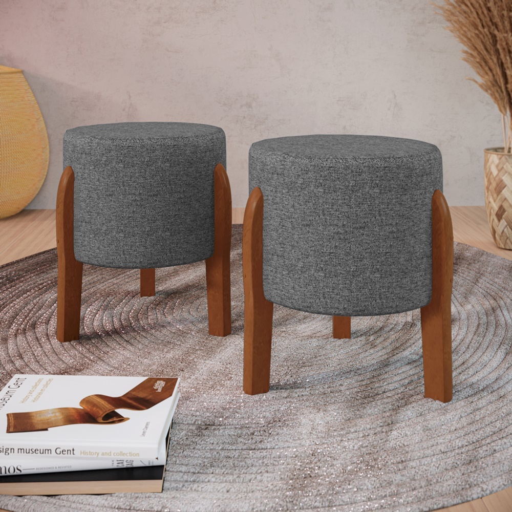 Kit 2 Puff Dallas Linho Cinza Banquinho Decorativo Redondo com Pés em ...