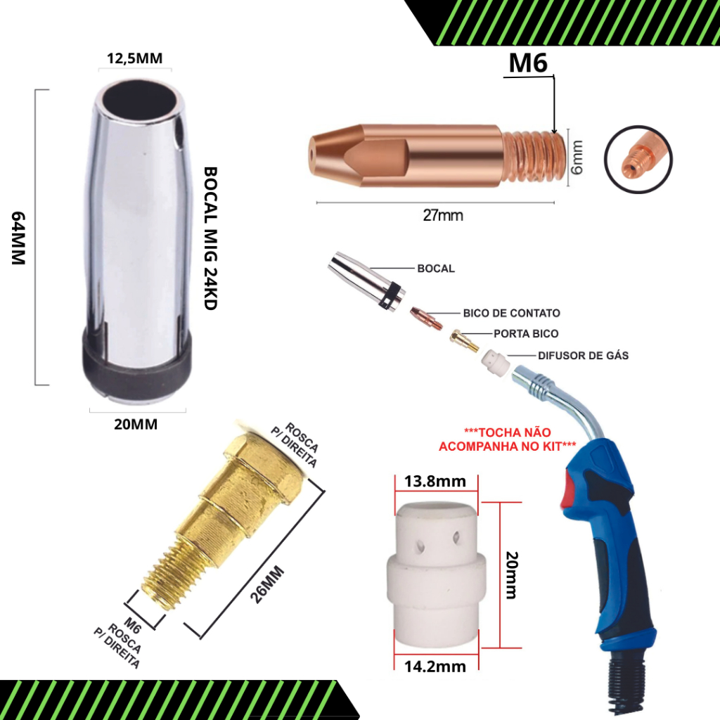 Solda Mig Kit 24kd Bico Rosca M6 Bocal Porta Bico | Shopee Brasil