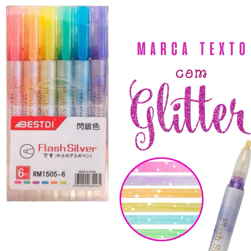 Kit Marca Texto Glitter brilho Material Escolar- 6 Cores | Shopee Brasil
