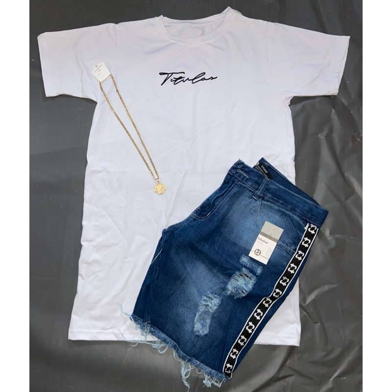Conjunto Titular Jeans (camisa estilo jogador + short jeans + cordão ...