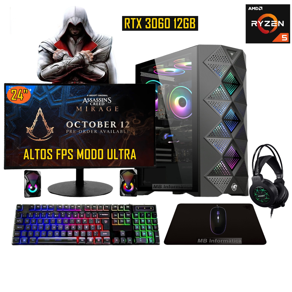 CPU Gamer Monster Ryzen 5 Completo + P. vídeo RTX 3060 12GB + 32GB RAM ...