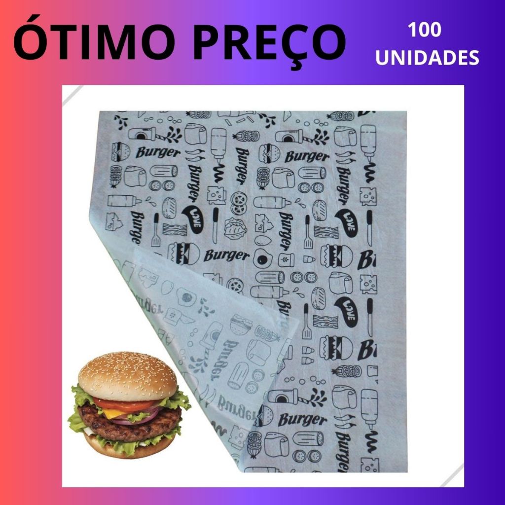 Papel Acoplado Embalagem Lanches Hambúrguer 30x38 100 Unidades ...