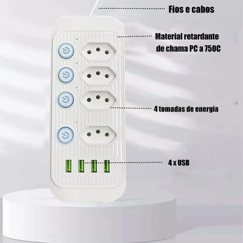 Filtro de Linha Régua com 4 Tomadas e 4 USB Extensão Elétrica C/ Cabo de 1,8 Metros 4 ...