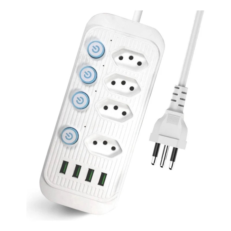 Filtro de Linha Régua com 4 Tomadas e 4 USB Extensão Elétrica C/ Cabo de 1,8 Metros 4 ...