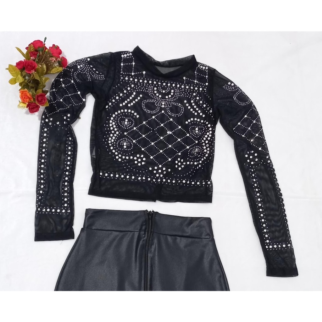 Blusa Preta Transparente Tule Aplique Strass Brilhoso Gola Redonda ...