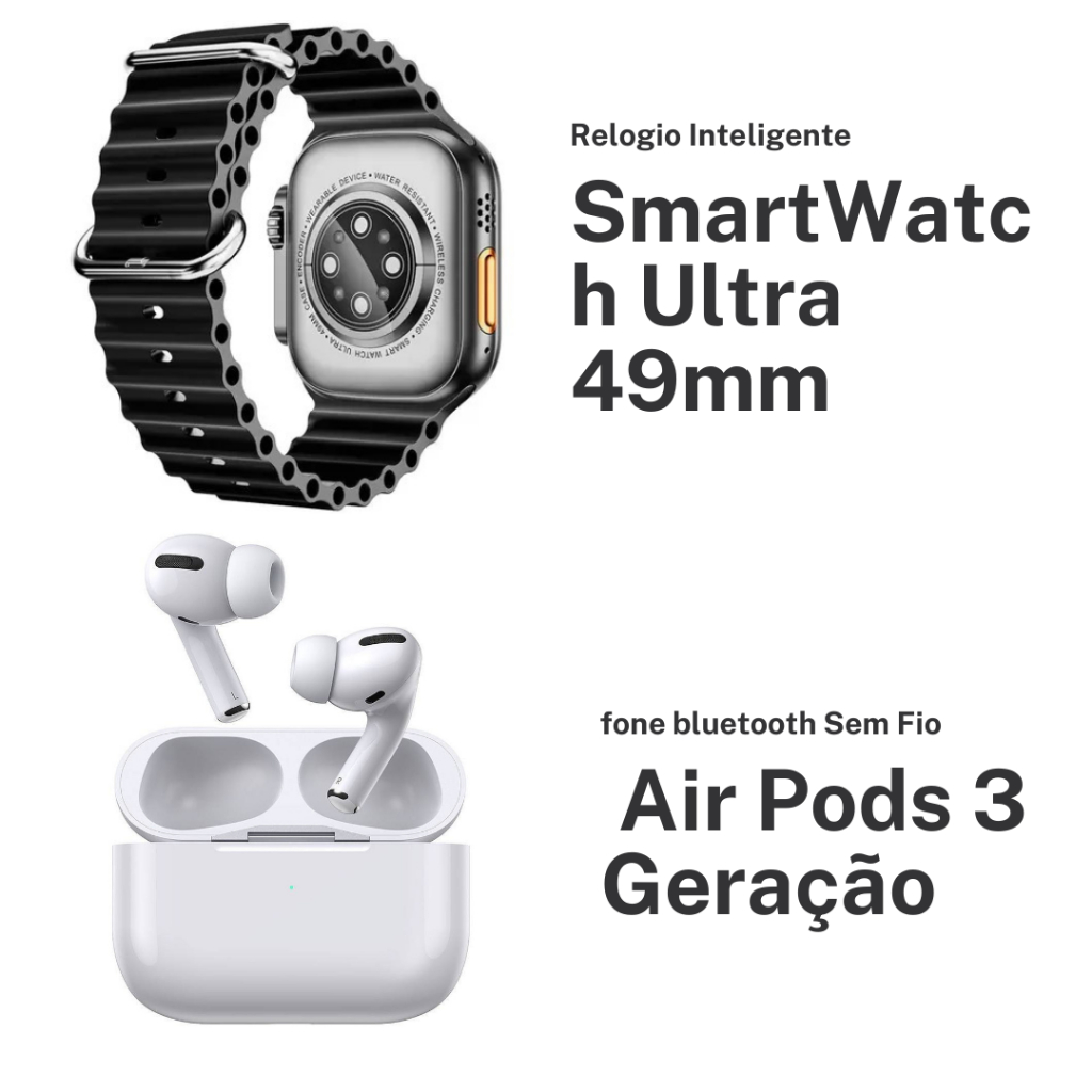 Kit SmartWatch Ultra 49mm + fone de ouvido bluetooth airpod pro + Power ...