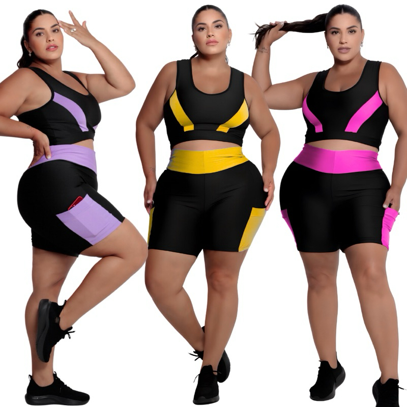 Kit 3 conjuntos de Academia Short com bolso + Top Plus Size e Slim 40 ... Kit 3 conjuntos de Academia Short com bolso + Top Plus Size e Slim 40 ...
