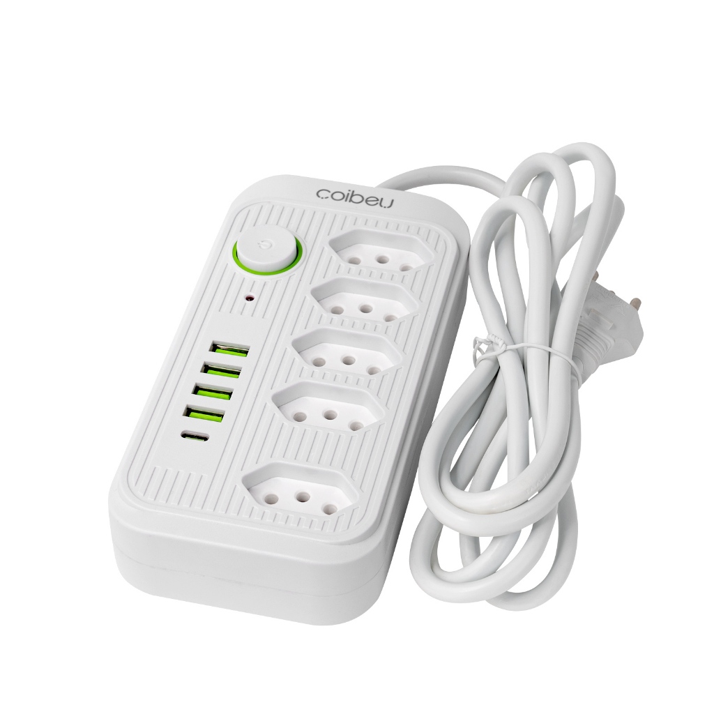 COIBEU Extensão Elétrica 2m/5m 10A 5 Tomadas 4 USB 1 Tipo-C Universal Bivolt Power 110v/220v WKC ...