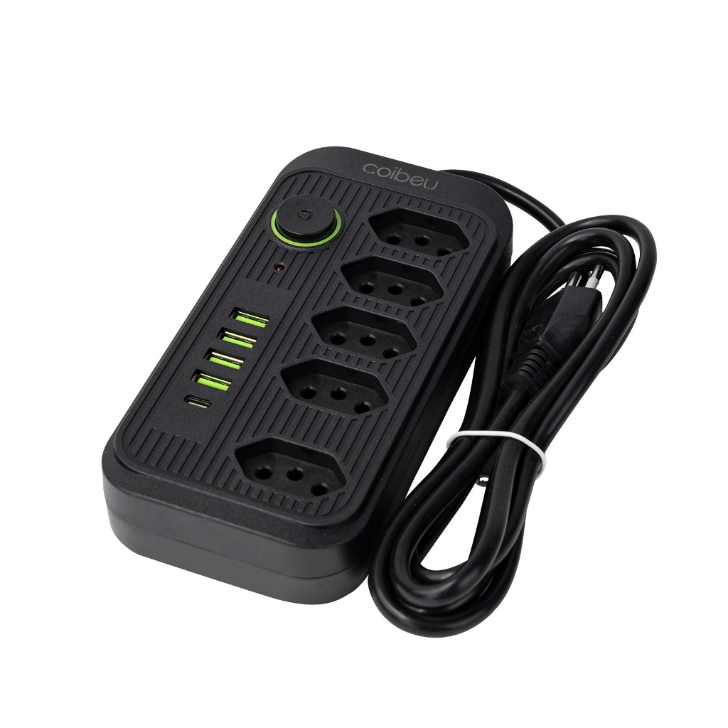 COIBEU Extensão Elétrica 2m/5m 10A 5 Tomadas 4 USB 1 Tipo-C Universal Bivolt Power 110v/220v WKC ...