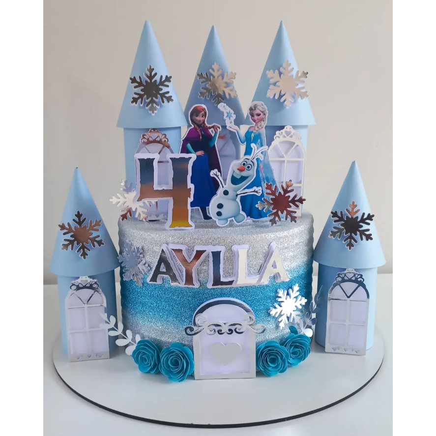 Topper topo de bolo castelo 3d Frozen Elsa e Anna personalizado nome e ...