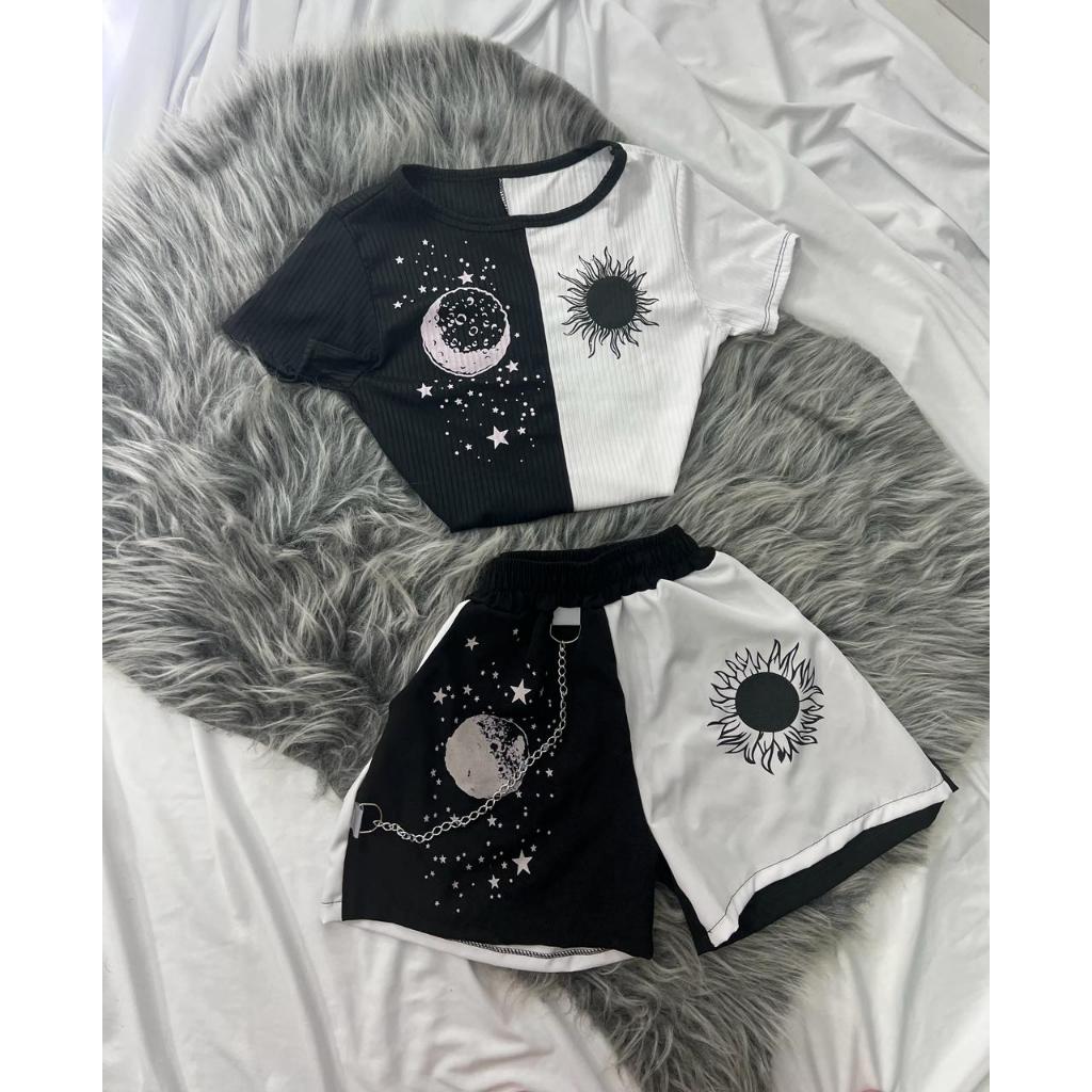 Conjunto Feminino de corrente com bolso short e cropped Sol e Lua Smille Chaos Carinha estilo ...