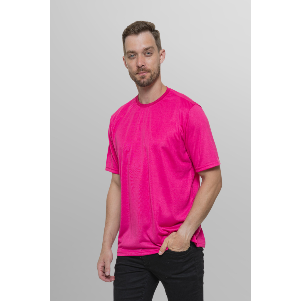 Camiseta rosa shock 100% poliéster | Shopee Brasil