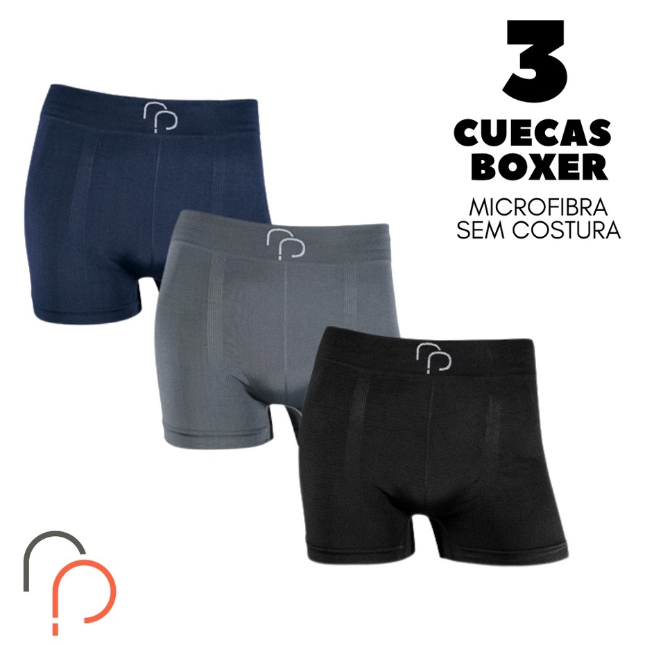 Kit 3 Cuecas Boxer Microfibra Cueca Box Sem Costura RP Masculino Adulto ...