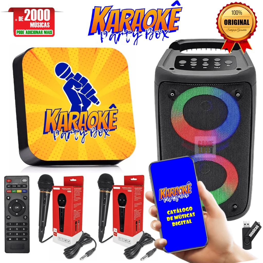 Karaokê Party Box Completo +2 Microfones + Caixa de Som +De 2000 ...