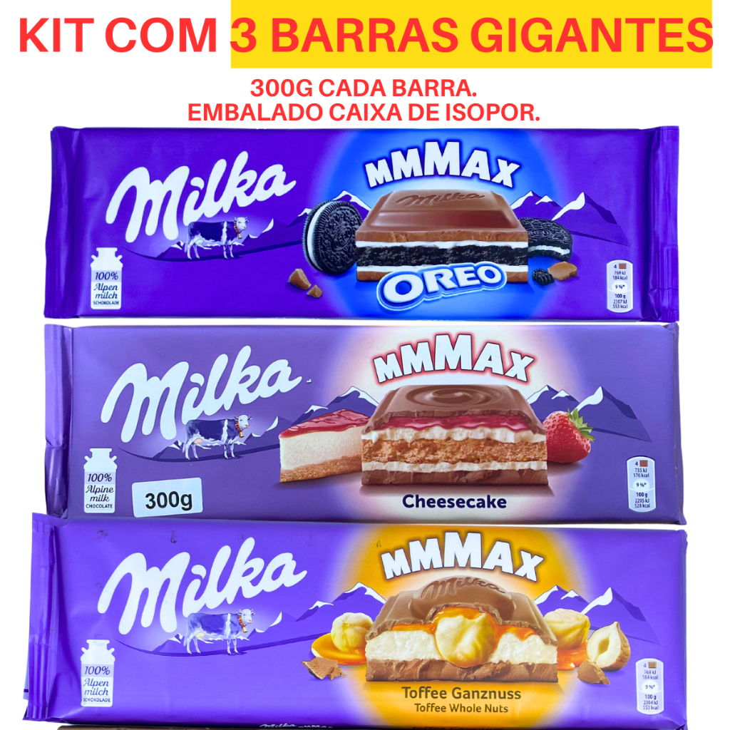 Kit com 3 Barras Milkas Gigantes, sendo 1 Toffee Caramel 300g, 1 Oreo ...