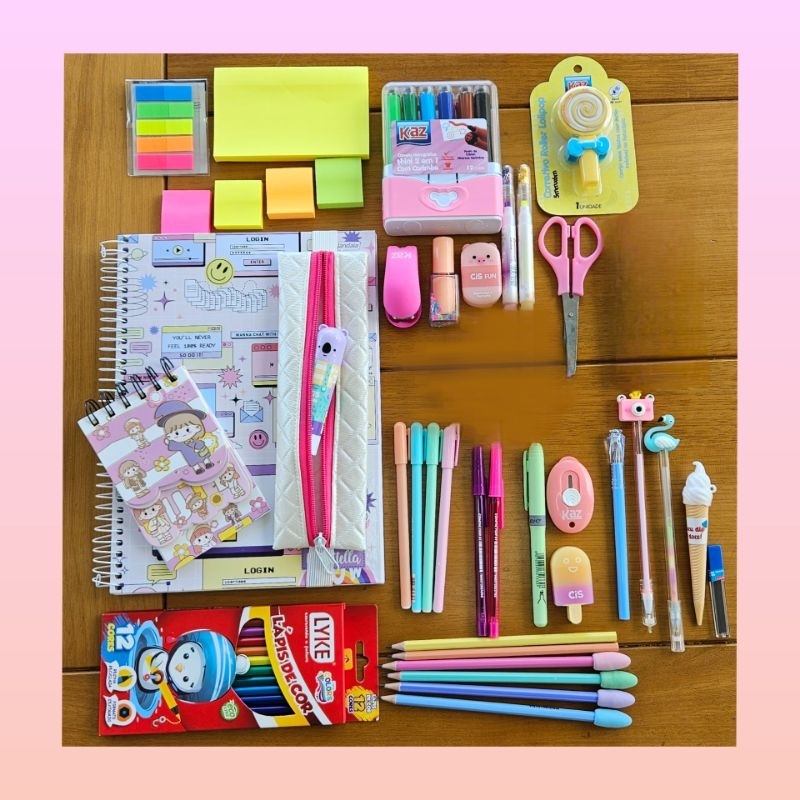 kit papelaria fofa 04, kawaii, decorativo para mesa de estudos, universitário, kit volta as ...