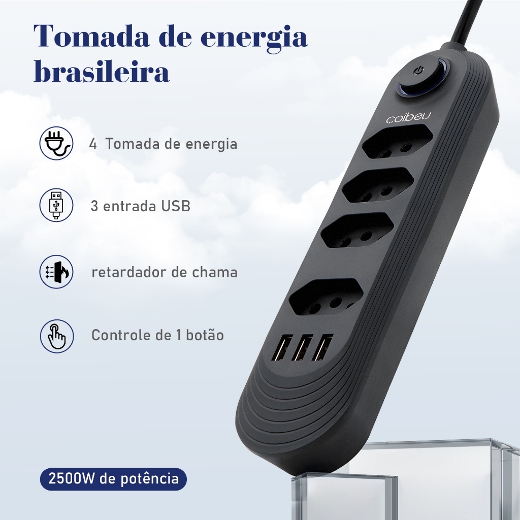 COIBEU Extensão Elétrica 2m Com 4 Tomadas e 3 Entradas USB com Botão | Shopee Brasil