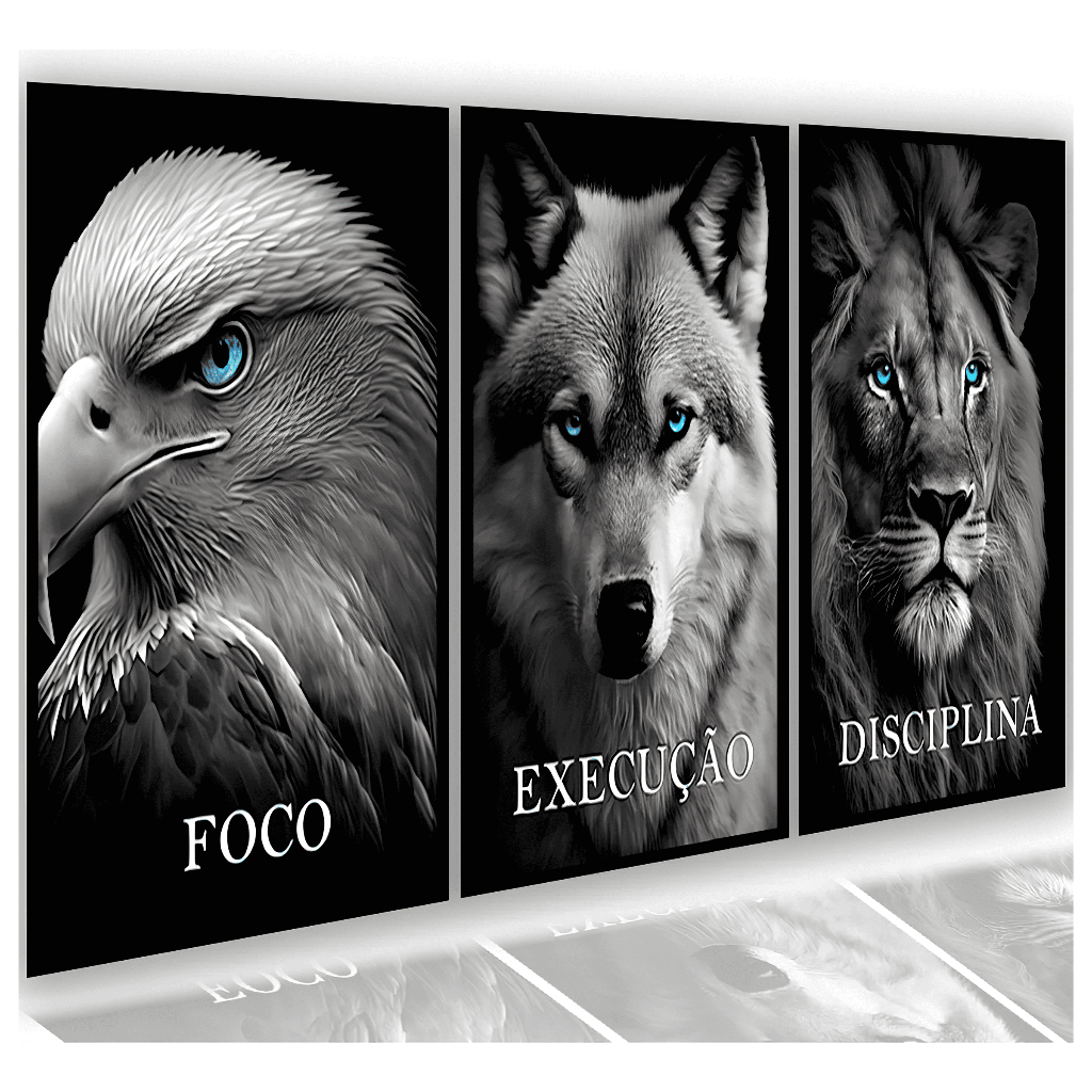 Kit 3 Quadros Decorativos Leão Águia Lobo Foco Execução Disciplina ...