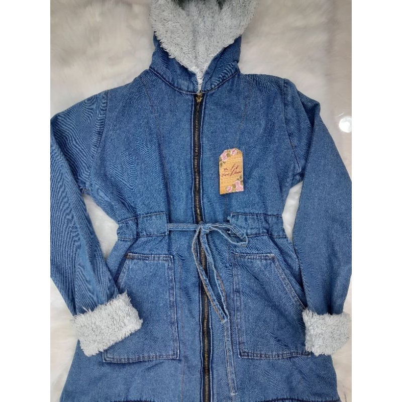 Jaqueta Parka Jeans Peluciada com Capuz Charmosa Blogueira | Shopee Brasil
