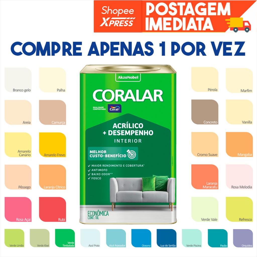 Tinta Látex Coralar Anti Mofo Parede 18 litros Fosca Coral Acrilica ...
