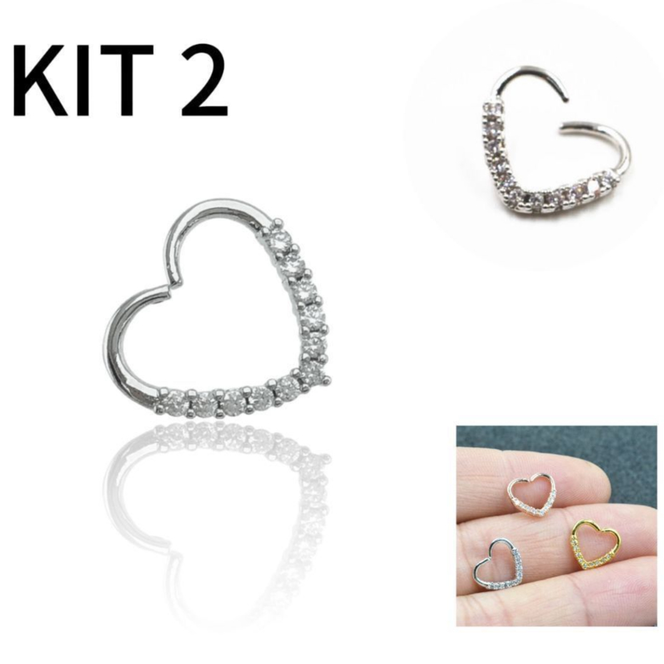 kit 2 Piercing argolinha de coraçao Cor prata/dourado helix strass ...