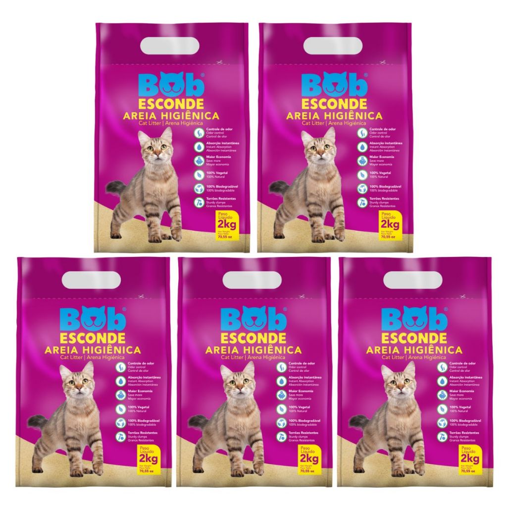 Kit 5 Unidades Areia Higiênica para Gatos Bob Esconde com Extrato de Mandioca Biodegradável 10Kg ...