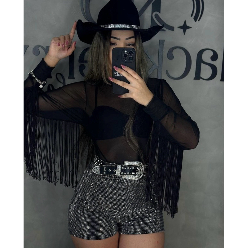 Body Manga Longa Tule Franja Country Cowgirl Boiadeira Ana Castela Moda ...