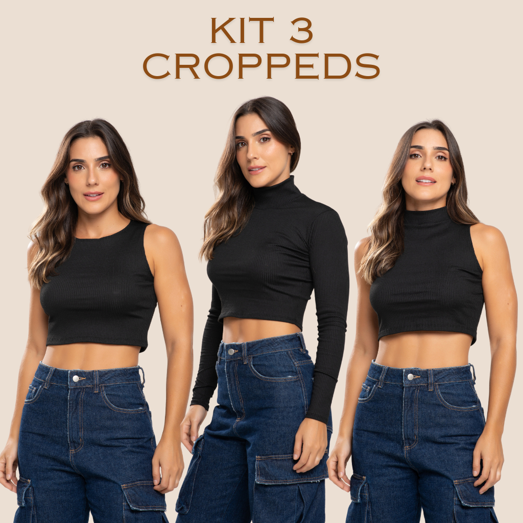 Kit Cropped Feminino 3 Croppeds Blogueira Gringa, Cropped Manga Longa ...