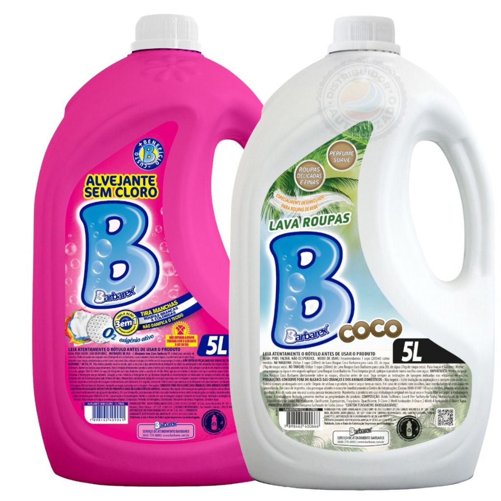 01 Lava Roupas Coco 5L + 01 Alvejante Sem Cloro 5L Barbarex | Shopee Brasil