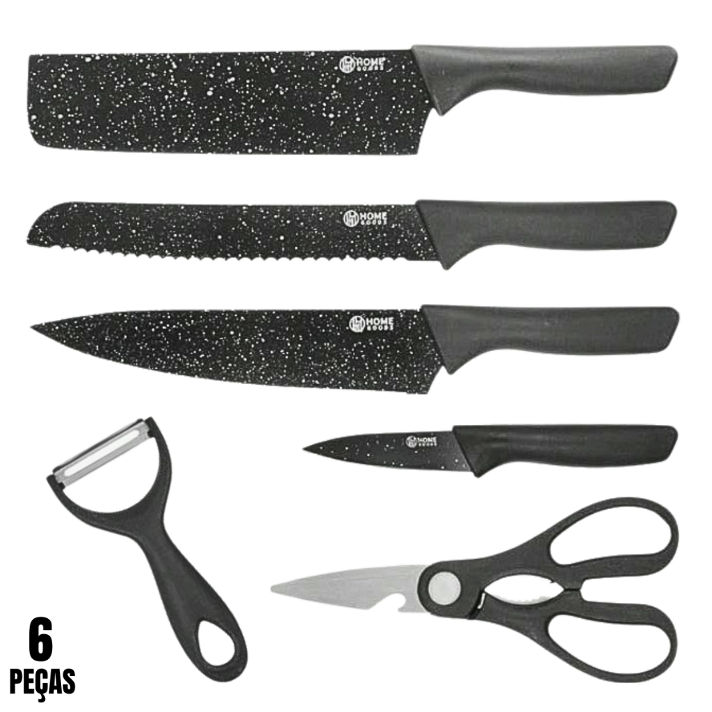 Jogo de Facas Preta Inox Com Tesoura Conjunto 6 Peças Cozinha Corte ...