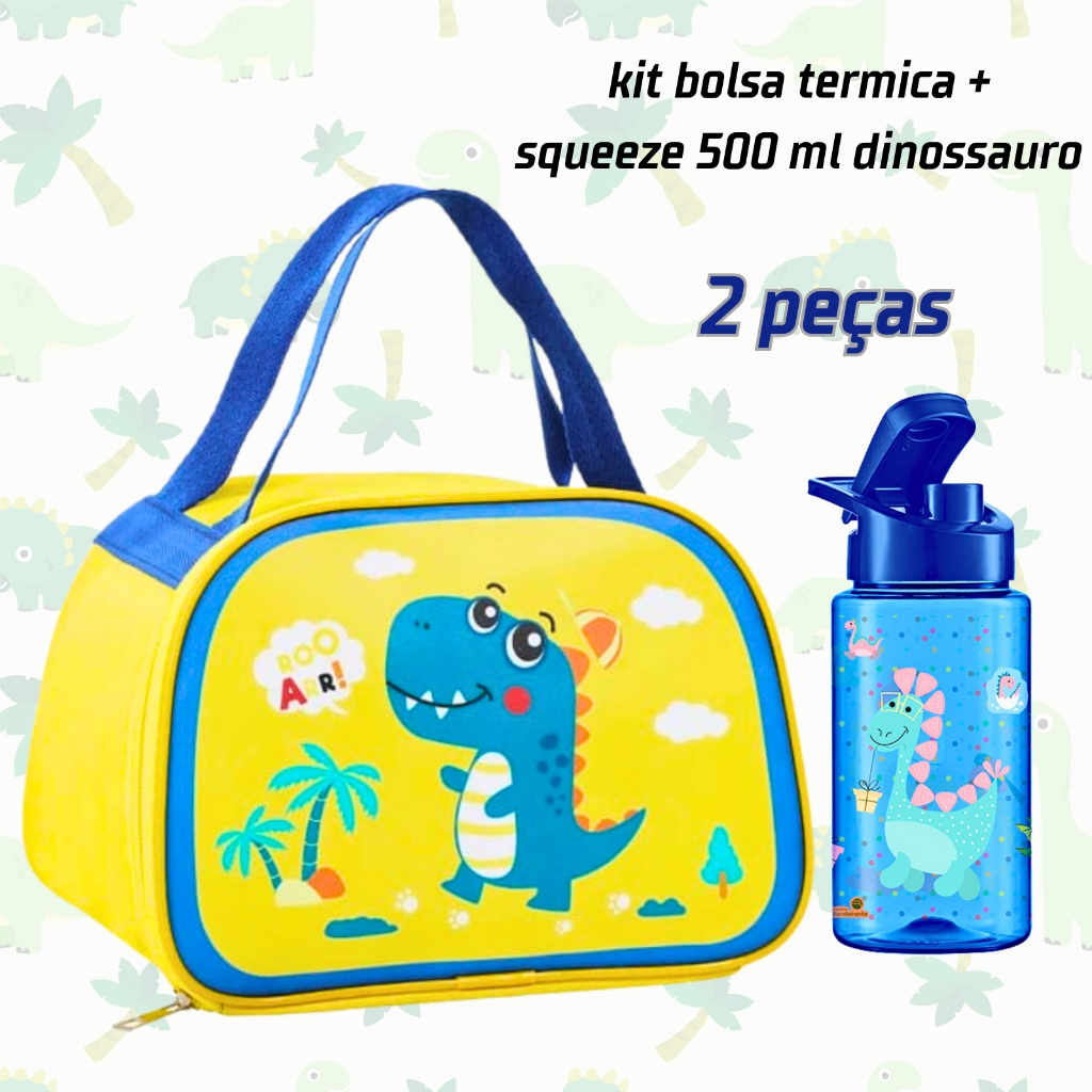 Kit Bolsa Termica Lancheira Infantil Dinossauro + Garrafinha Agua Azul ...