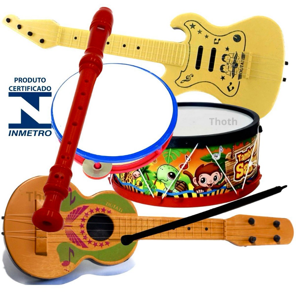 Kit Musical Brinquedos Educativo C/5 Instrumentos Tambor Violão pandeiro Flauta Infantil ...