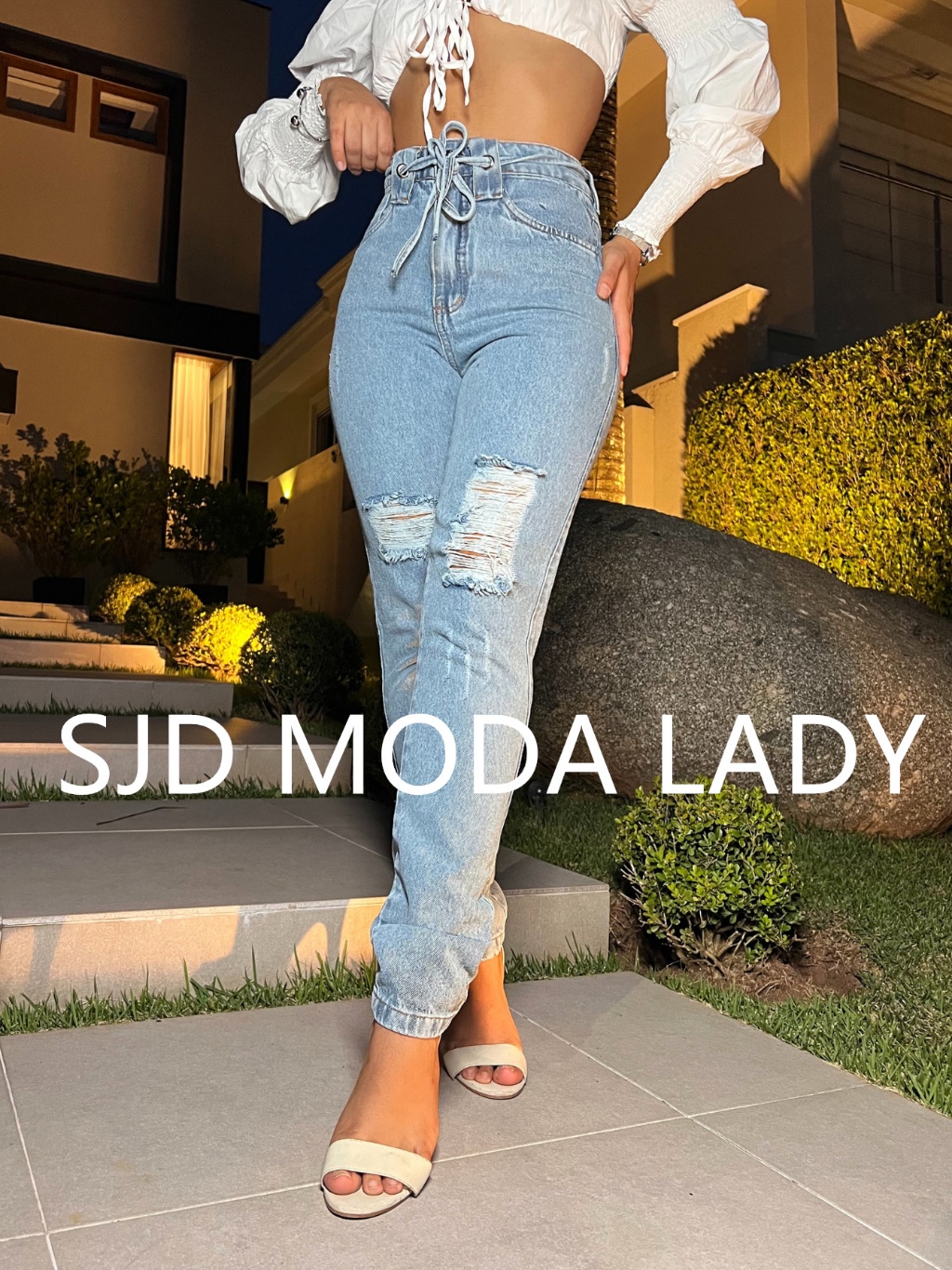 SJD MODA LADY calca jeans simples detalhes desfiados rasgados com cinto | Shopee Brasil