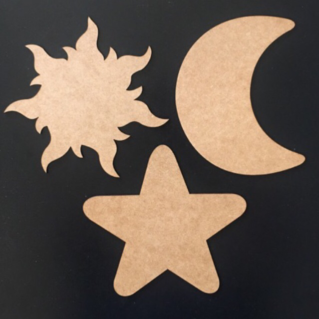 APLIQUE MDF - 5 UNID CADA - SOL LUA ESTRELA - 20 CM - MDF CRU SEM ...