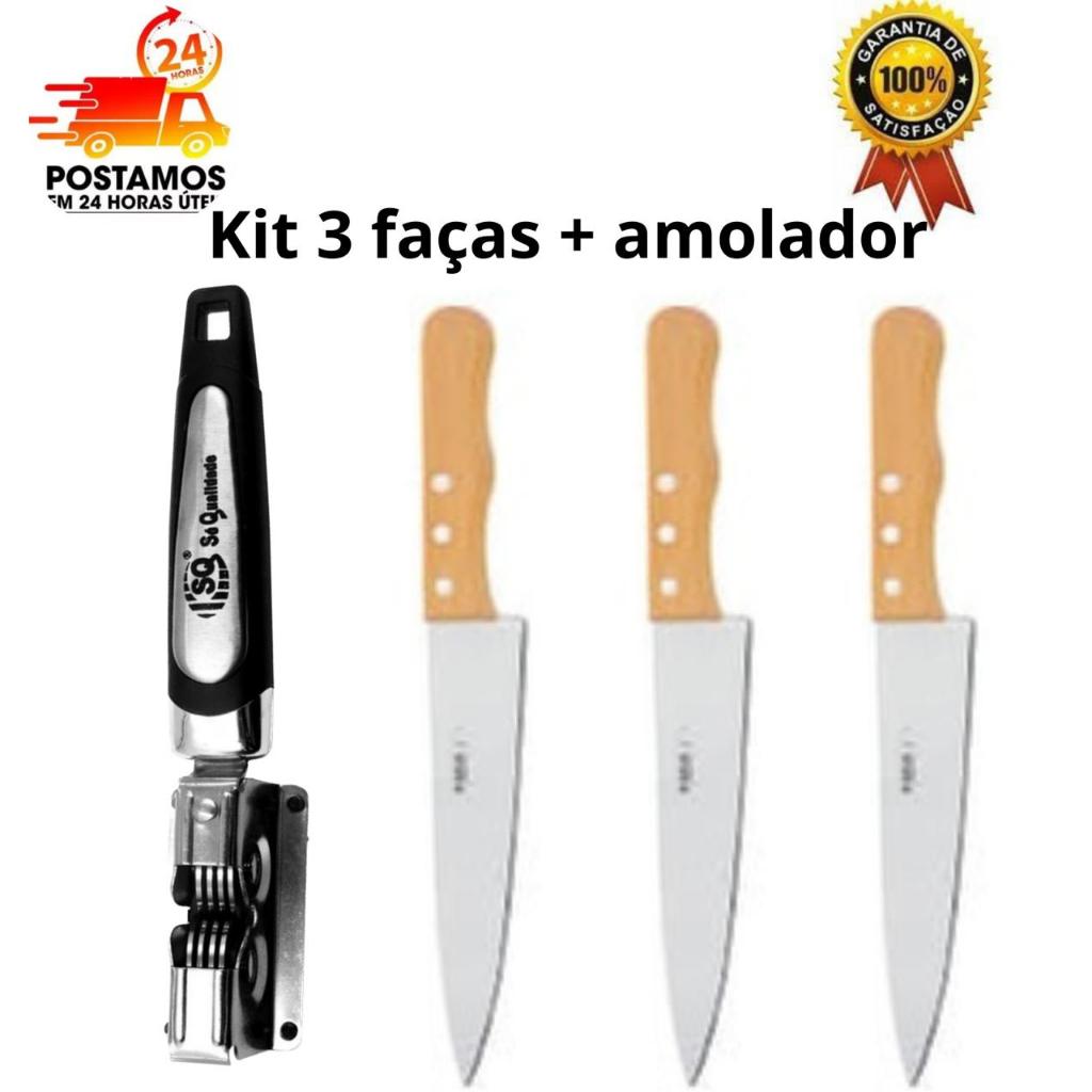 kit 3 facas de cozinha aço inox mais amolador profissional | Shopee Brasil
